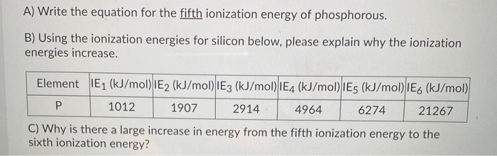 Solved A) Write the equation for the fifth ionization energy | Chegg.com