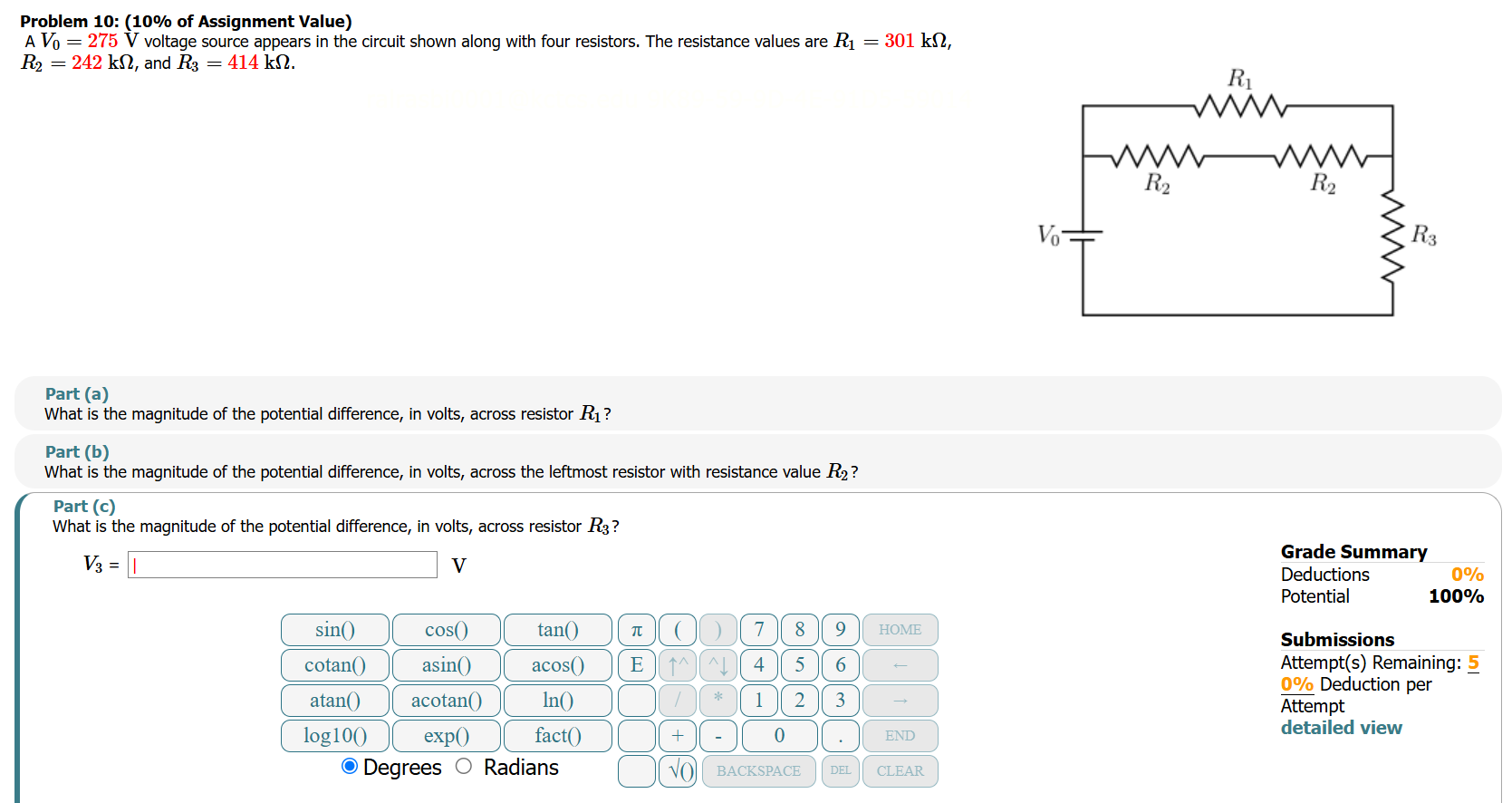 Solved Problem 10: (10% of ﻿Assignment Value)A V0=275V | Chegg.com