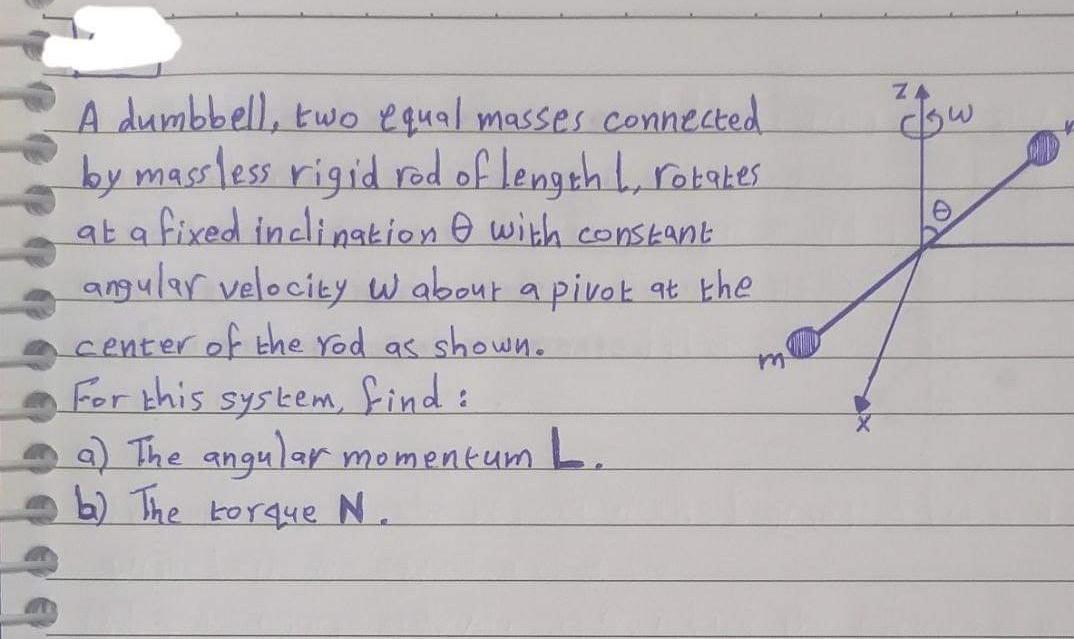 Solved A dumbbell, two equal masses connected by massless | Chegg.com