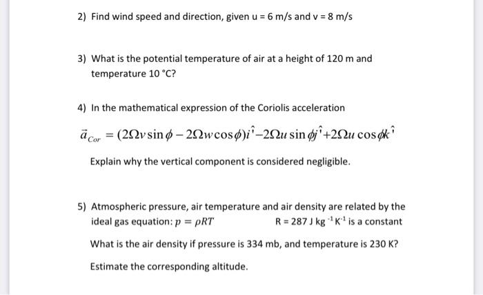2) Find wind speed and direction, given u=6 m/s and | Chegg.com