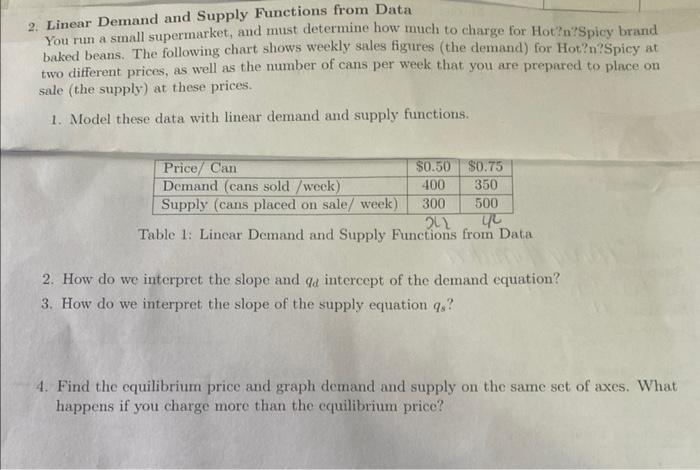 Solved 2. Linear Demand and Supply Functions from Data You | Chegg.com