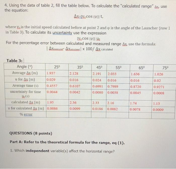 Solved 4. Using the data of table 2, fill the table below. | Chegg.com