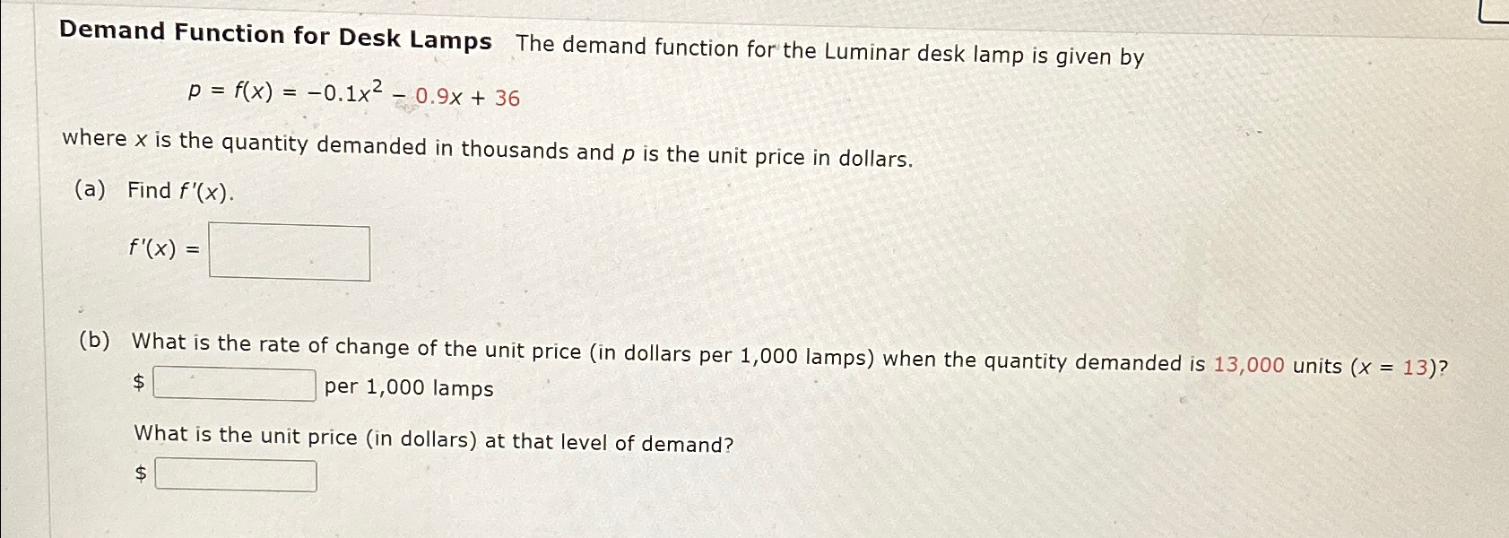 Solved Demand Function for Desk Lamps The demand function | Chegg.com