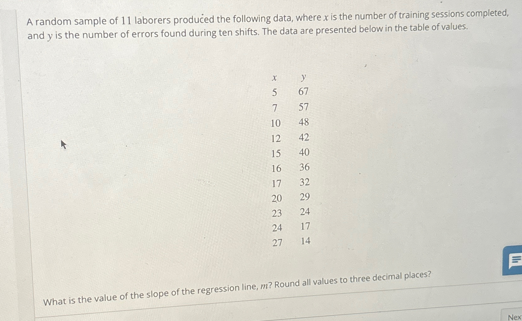 Solved A random sample of 11 ﻿laborers produced the | Chegg.com