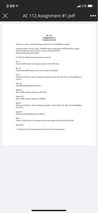 Solved al LTE 2:04 X AC 112 Assignment #1.pdf ... AC 112 | Chegg.com