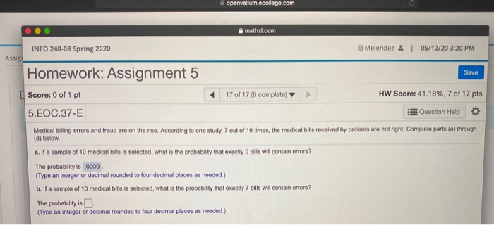 Solved openvellum.ecollege.com mathal.com INFO 240-08 Spring | Chegg.com