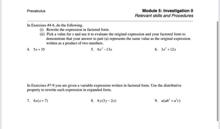 Solved Precalculus Module 5 Investigation 0 Relevant Skills