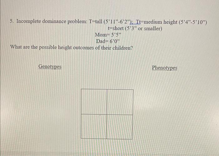 Solved 5. Incomplete dominance problem: T= tall | Chegg.com