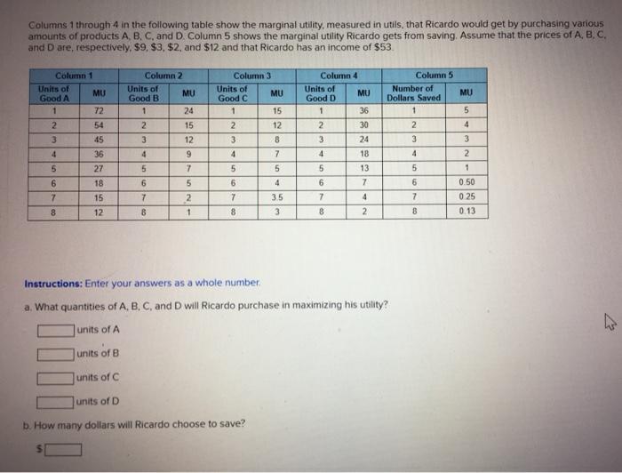 Solved Columns 1 through 4 in the following table show the | Chegg.com