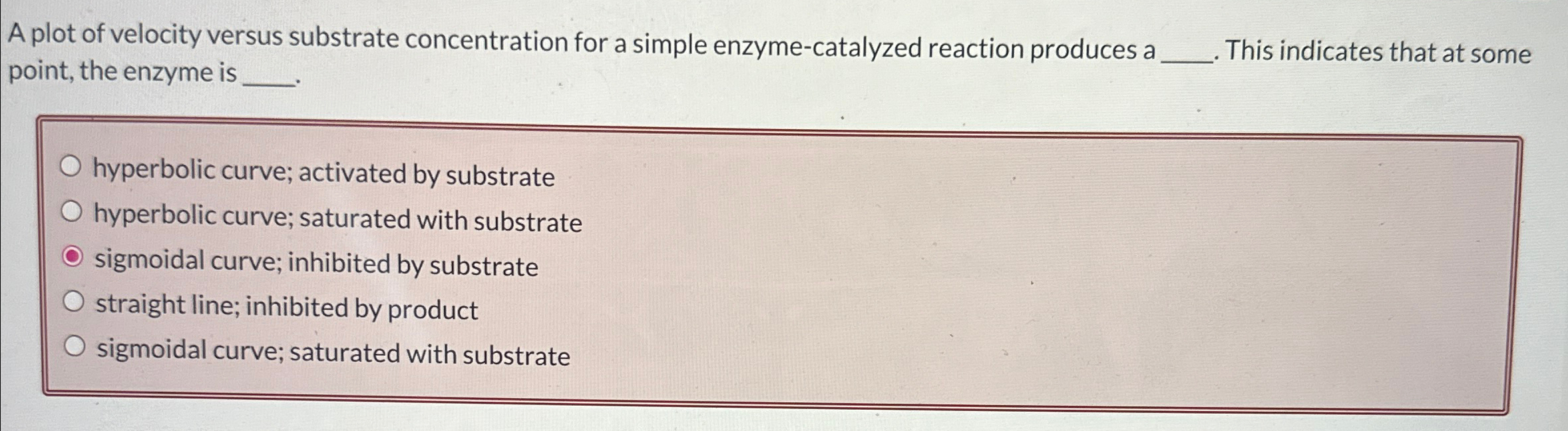 Solved A plot of velocity versus substrate concentration for | Chegg.com