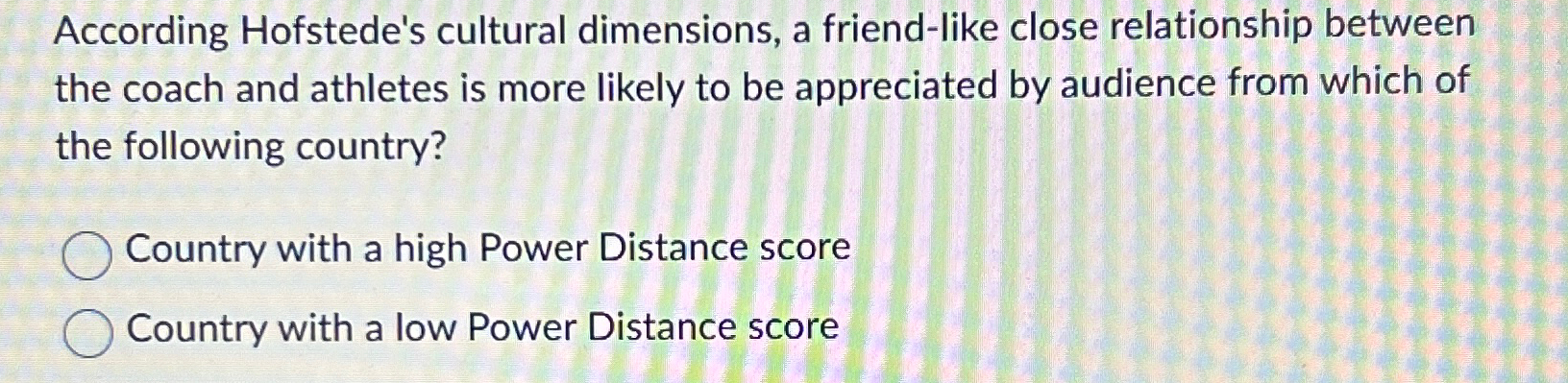 Solved According Hofstede's cultural dimensions, a | Chegg.com