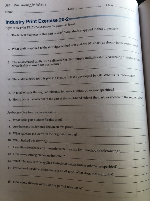 Solved Class 398 Print Reading for Industry Name Date - | Chegg.com