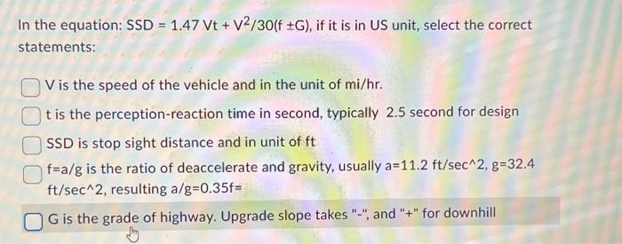 Solved In the equation: SSD=1.47Vt+V2/30(f±G), if it is in | Chegg.com