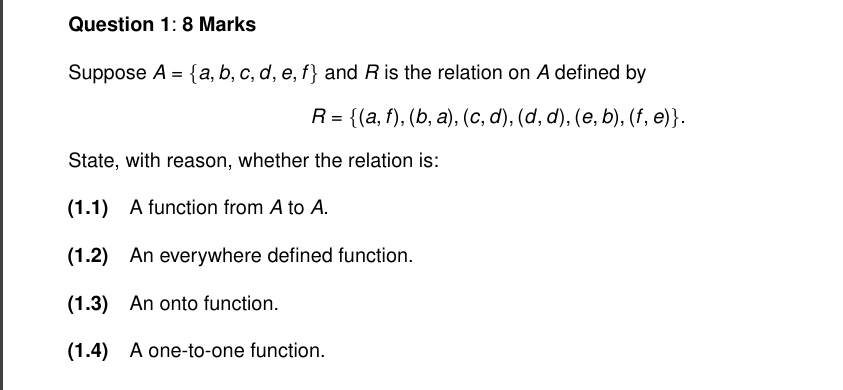 Solved Question 1: 8 ﻿MarksSuppose A={a,b,c,d,e,f} ﻿and R | Chegg.com