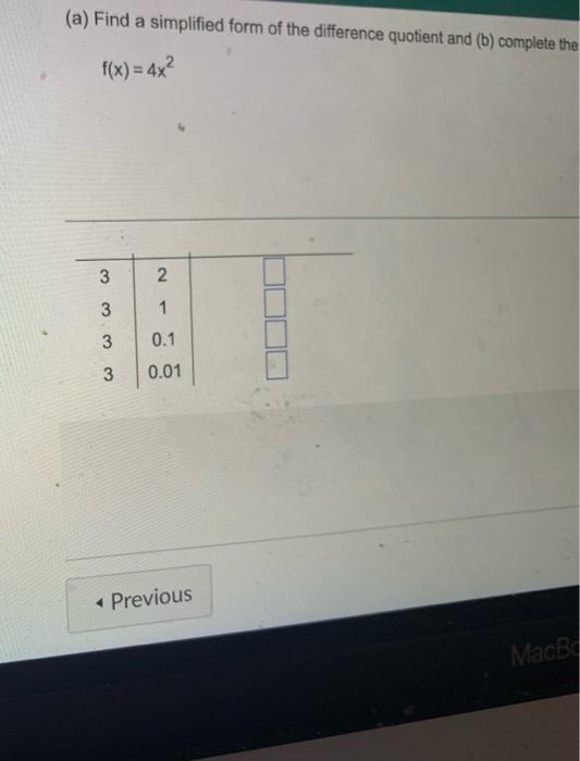 Solved (a) Find a simplified form of the difference quotient | Chegg.com