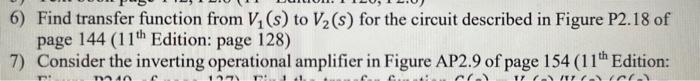 Solved 6) Find transfer function from V1(s) to V2(s) for the | Chegg.com