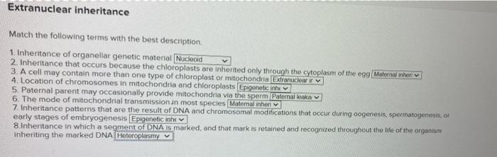 Solved Extranuclear inheritance Match the following terms | Chegg.com