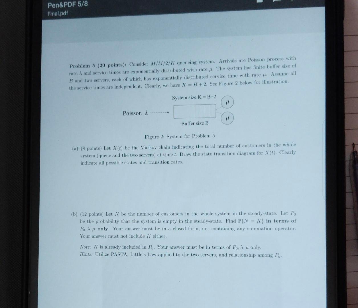 Solved Problem 5 (20 points): Consider M/M/2/K queueing | Chegg.com