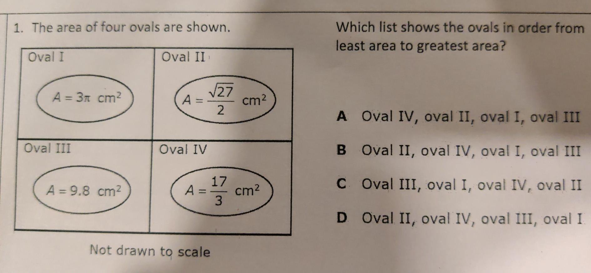 Solved 1. The area of four ovals are shown. Which list shows | Chegg.com