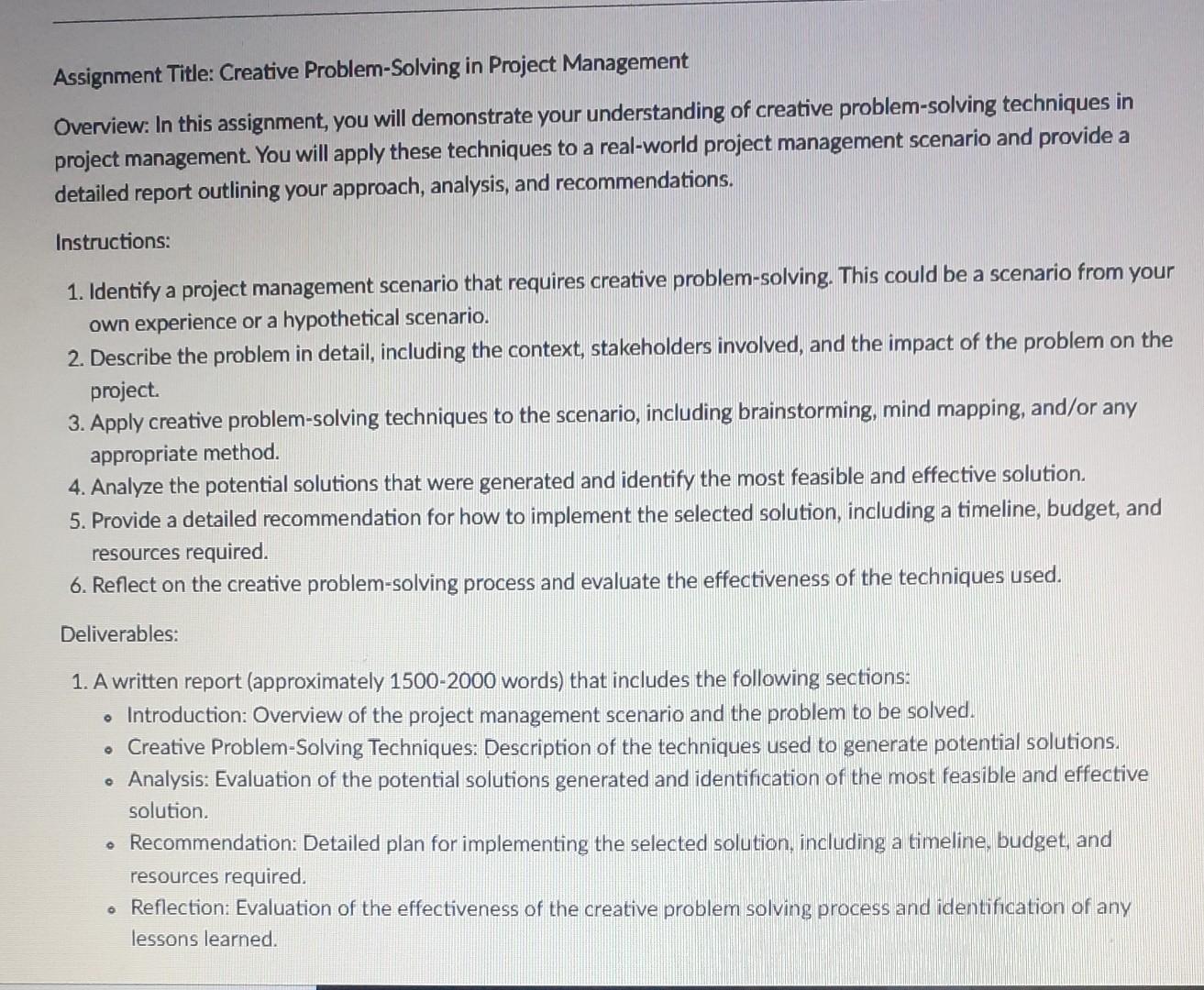 Solved Assignment Title: Creative Problem-Solving in Project | Chegg.com