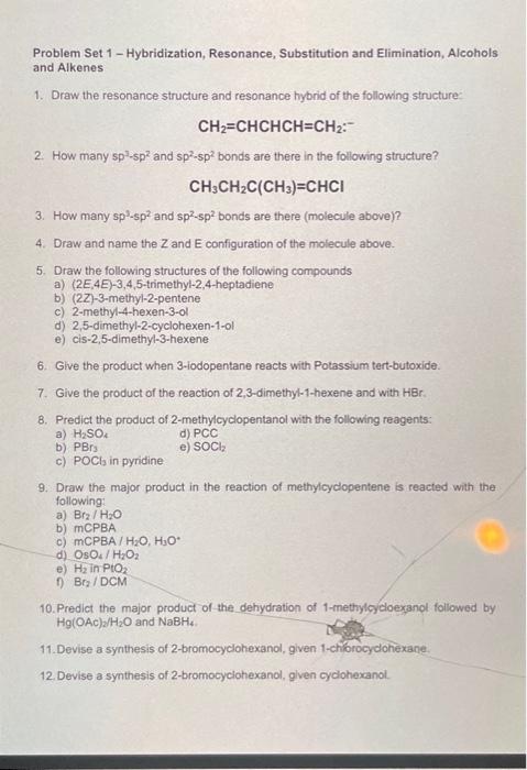 Solved Problem Set 1 – Hybridization, Resonance, | Chegg.com