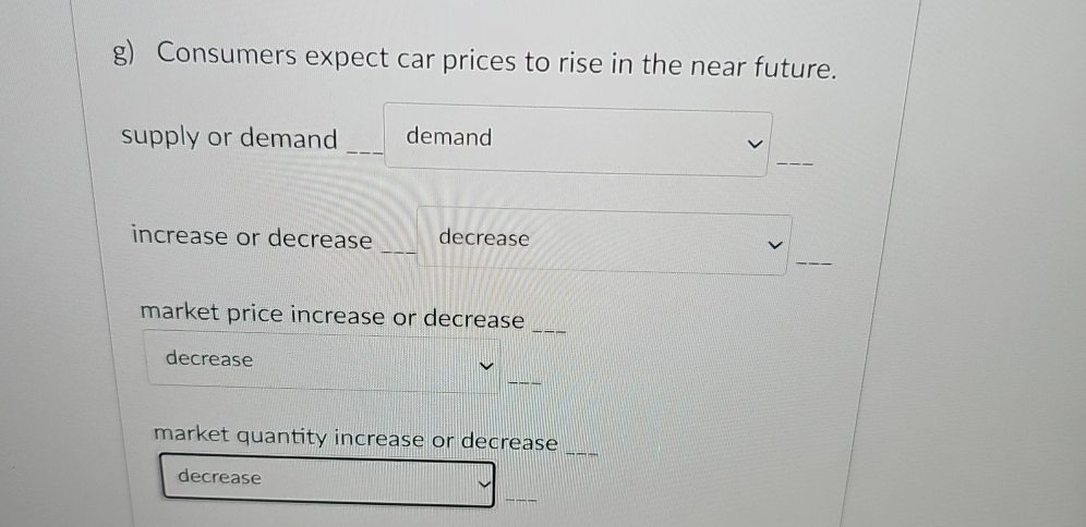 Solved g) ﻿Consumers expect car prices to rise in the near | Chegg.com