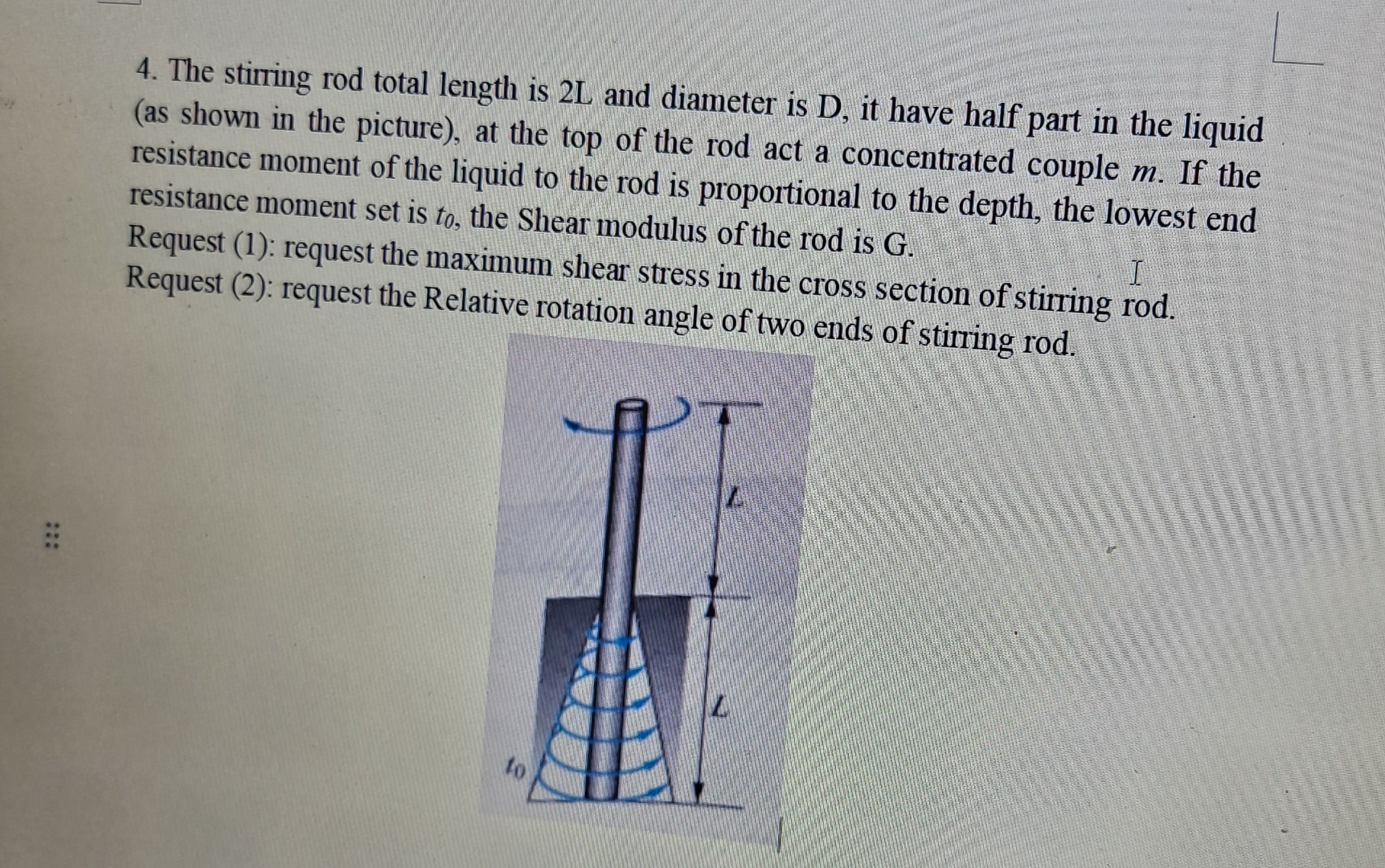 Solved 4. ﻿The stiring rod total length is 2L and diameter | Chegg.com