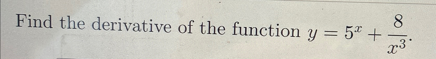 Solved Find the derivative of the function y=5x+8x3. | Chegg.com