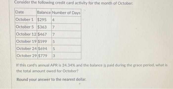 Solved Consider the following credit card activity for the | Chegg.com