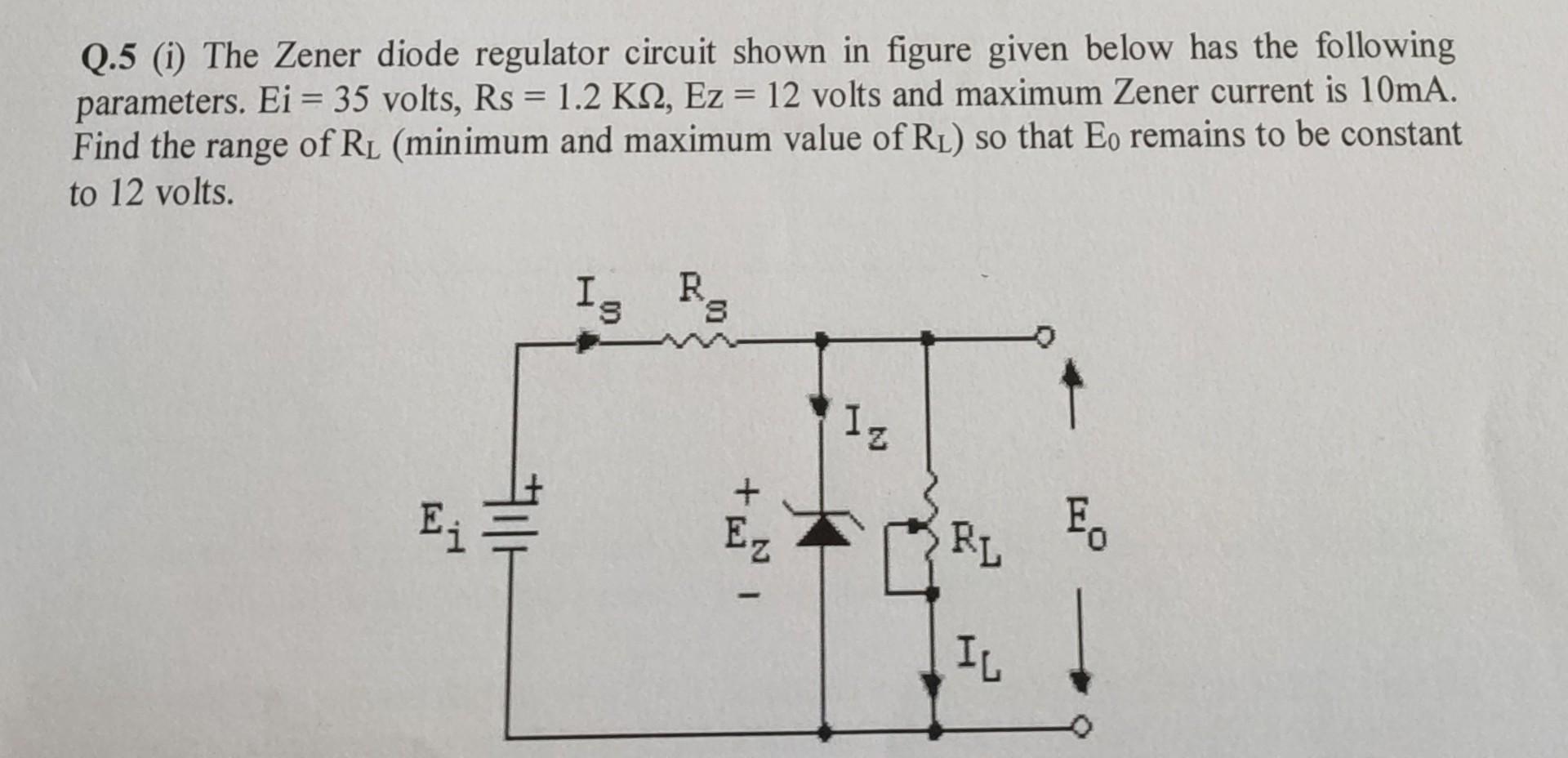 Solved Q.5 (i) The Zener diode regulator circuit shown in | Chegg.com