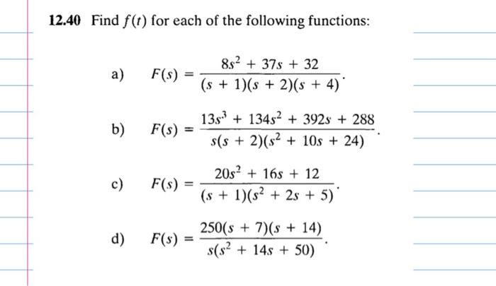 Solved 12.40 Find f(t) for each of the following functions: | Chegg.com