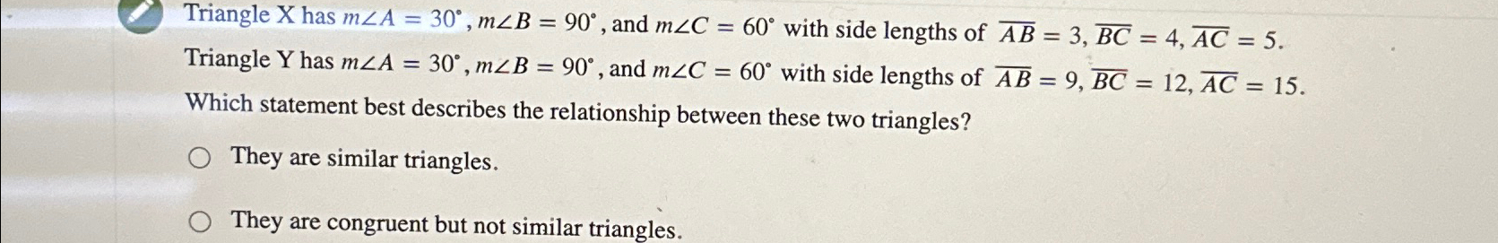 Solved Triangle x ﻿has m?A=30°,m?B=90°, ﻿and m?C=60° ﻿with | Chegg.com