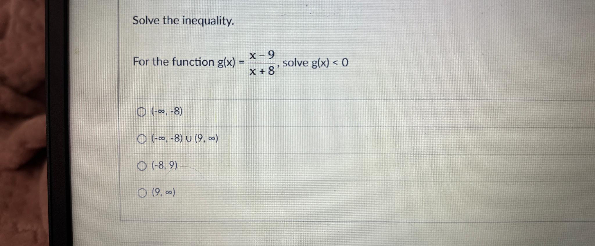Solved Solve the inequality.For the function g(x)=x-9x+8, | Chegg.com