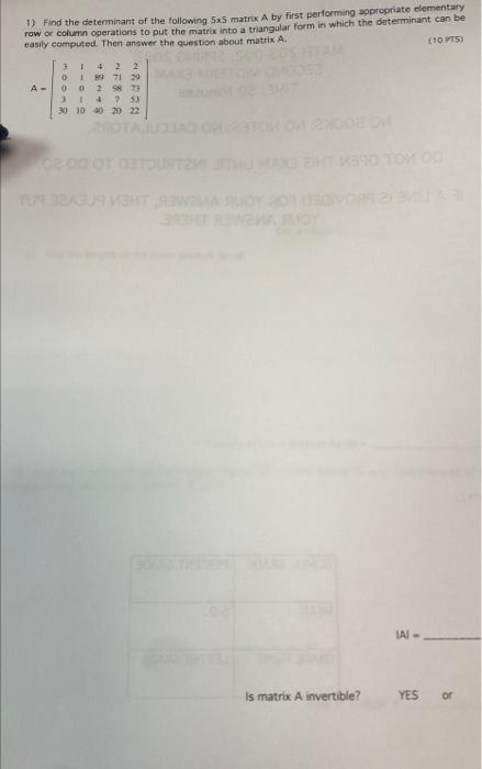 Solved Find the determinant of the following 5x5 matrix Aby | Chegg.com