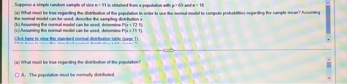 Solved Suppose a simple randorn sample of size n=11 is | Chegg.com