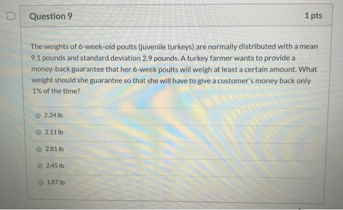 Solved Question 9 1 pts The weights of 6-week-old poults | Chegg.com