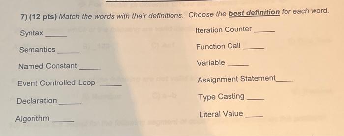 Solved 7) (12 pts) Match the words with their definitions. | Chegg.com