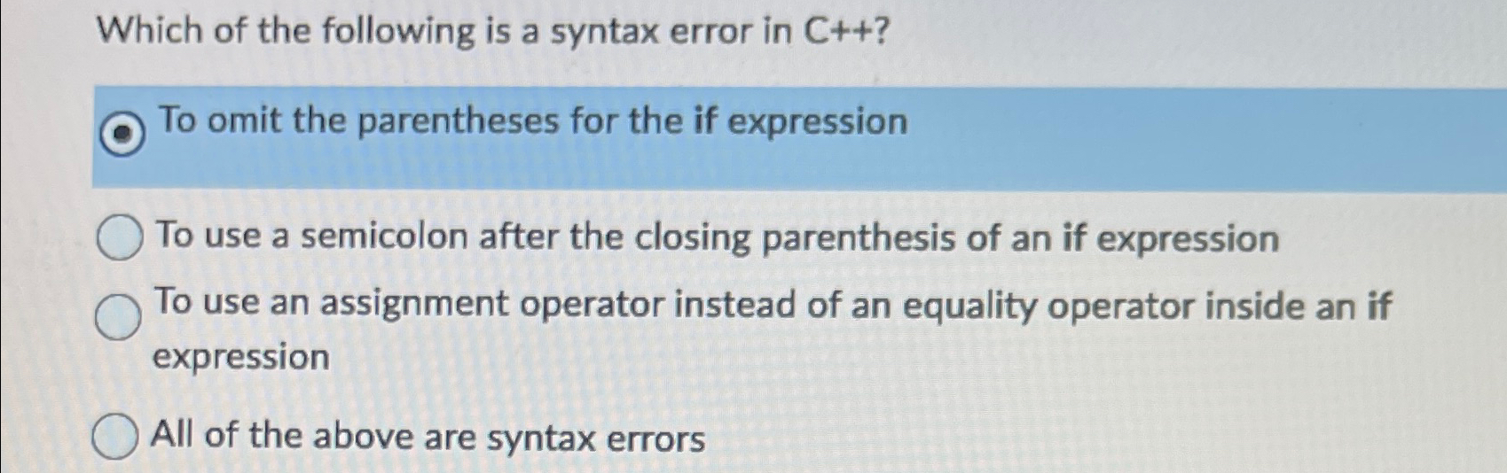 Solved Which of the following is a syntax error in C++ ?To | Chegg.com