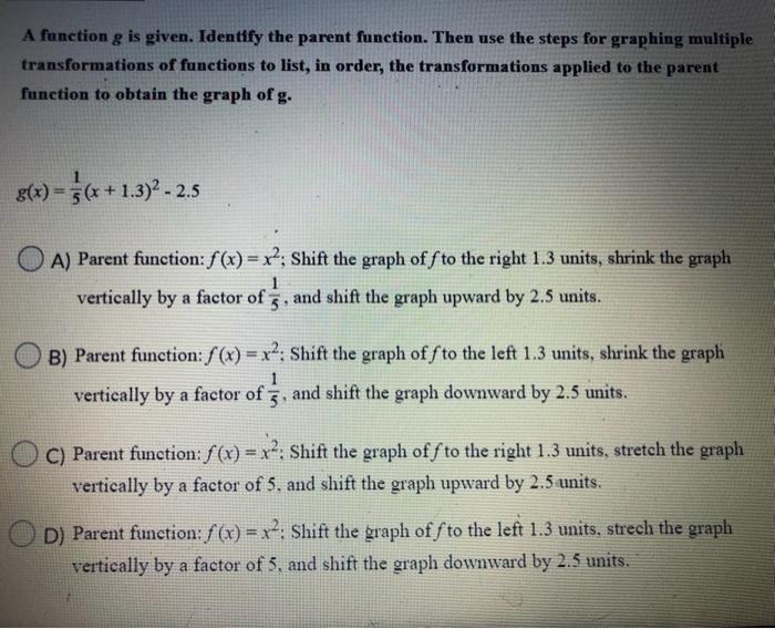 Solved A function g is given. Identify the parent function. | Chegg.com