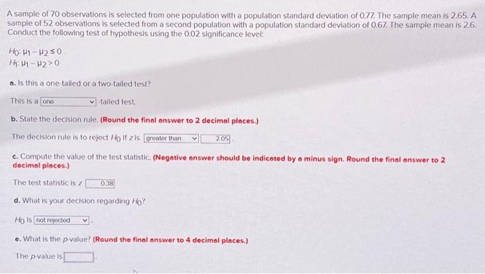 Solved A sample of 70 observations is selected from one | Chegg.com