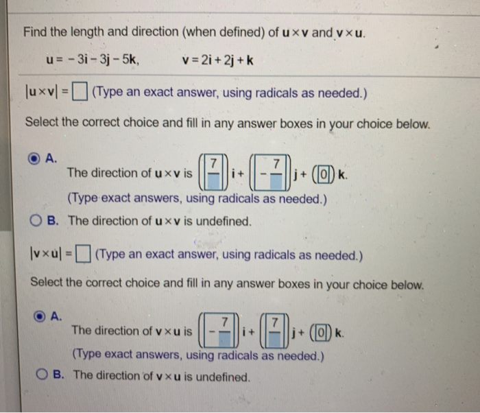 Solved Find the length and direction (when defined) of u xv | Chegg.com