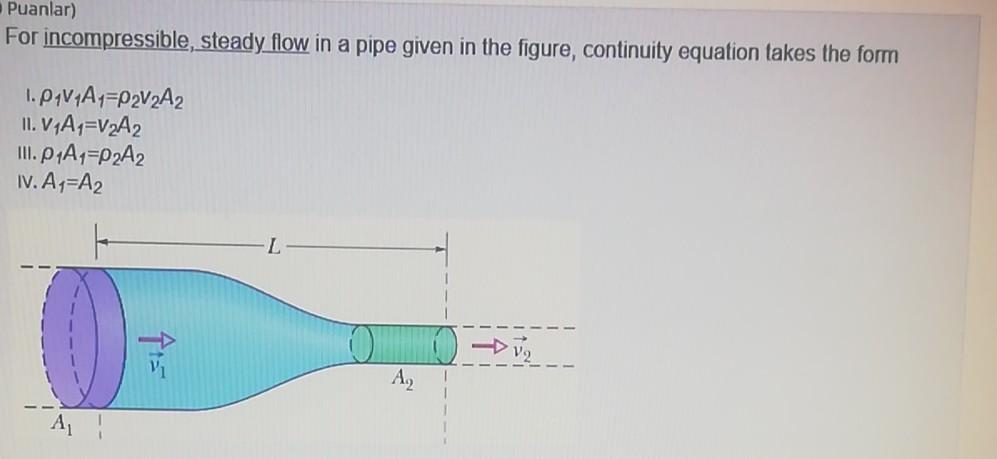 Solved Puanlar) For incompressible, steady flow in a pipe | Chegg.com