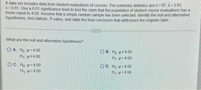 Solved A data set includes data from student evaluations of | Chegg.com