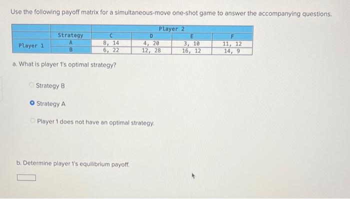 Solved Use the following payoff matrix for a | Chegg.com