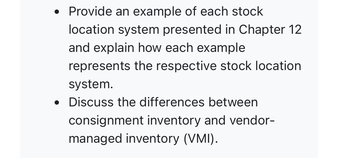 Solved Provide an example of each stock location system | Chegg.com