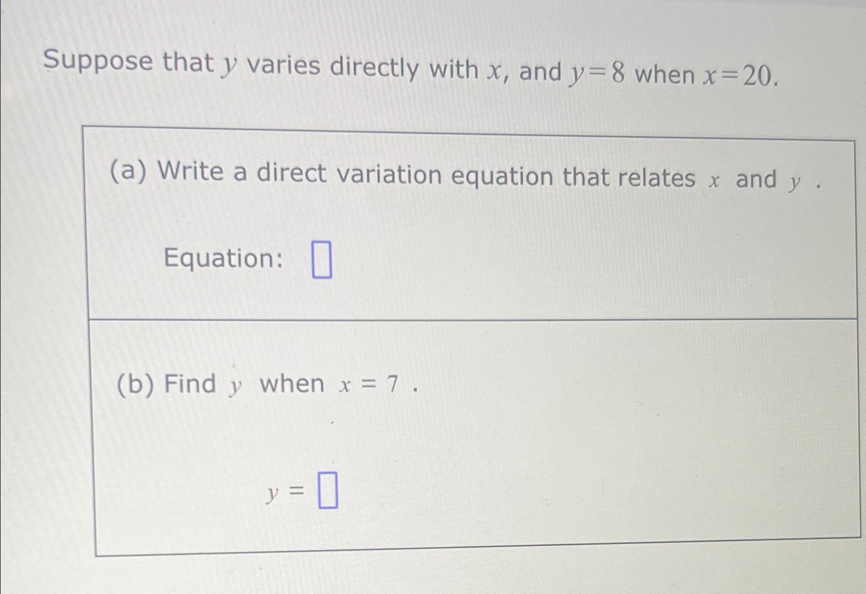 Solved Suppose that y ﻿varies directly with x, ﻿and y=8 | Chegg.com