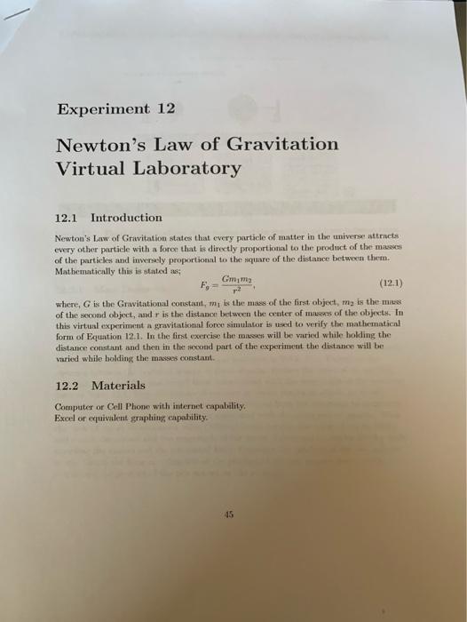 Solved Experiment 12 Newton's Law of Gravitation Virtual | Chegg.com