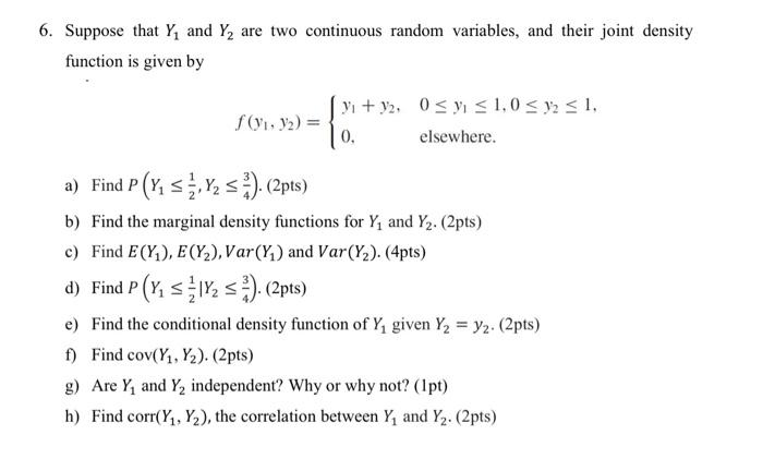 Solved Suppose that Y1 and Y2 are two continuous random | Chegg.com
