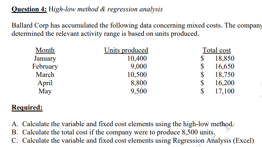 Solved Question 4: High-low method & regression | Chegg.com