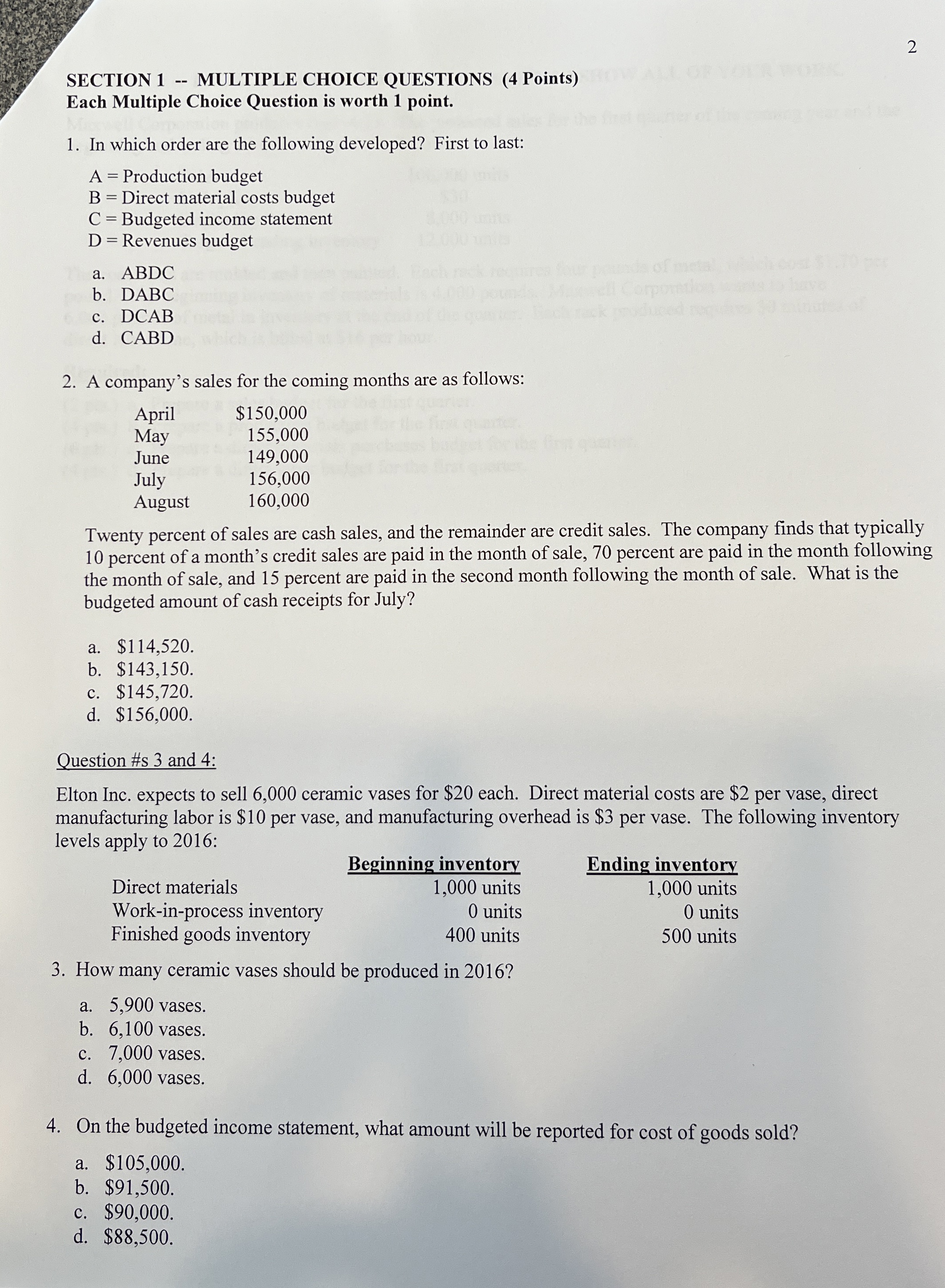 Solved 2SECTION 1 -- ﻿MULTIPLE CHOICE QUESTIONS (4 | Chegg.com